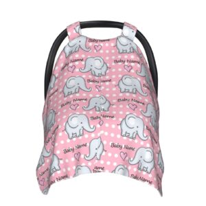 personalized elephant baby car seat canopy for baby with name, custom light weight minky pink covers for baby kids girl, nursing breastfeeding stroller cover canopies for newborn