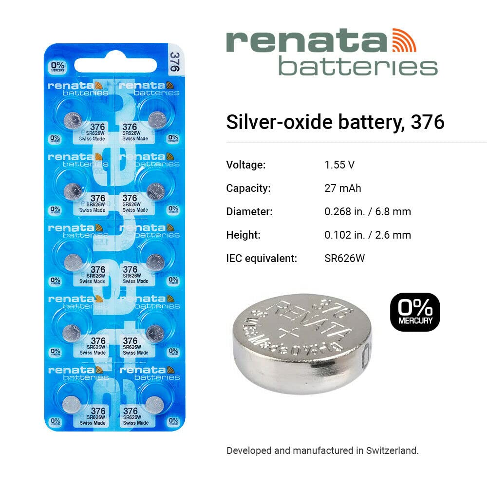 Renata 376 SR626W Batteries - 1.55V Silver Oxide 376 Watch Battery (2 Count)