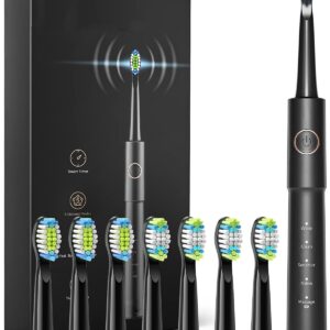 NINICE Sonic Electric Toothbrush for Adults and Kids, Rechargeable Electric Toothbrush with 8 Brush Heads, 5 Modes, Timer, One Charge for 30 Days， Black