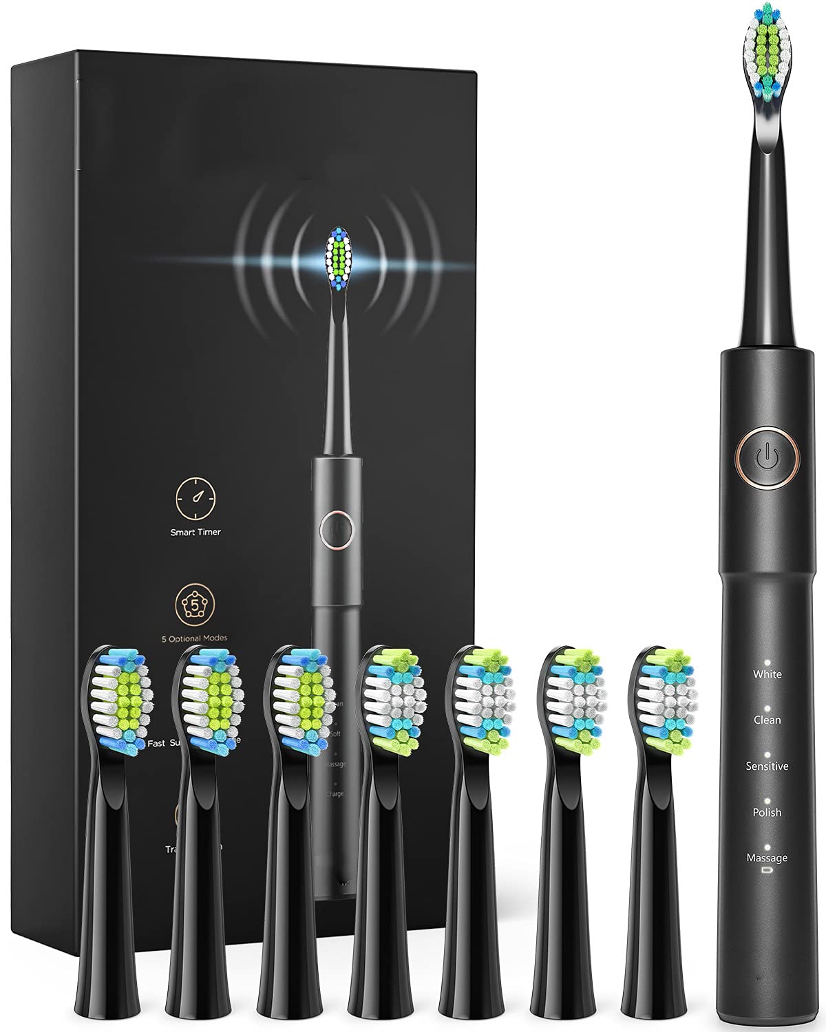 NINICE Sonic Electric Toothbrush for Adults and Kids, Rechargeable Electric Toothbrush with 8 Brush Heads, 5 Modes, Timer, One Charge for 30 Days， Black