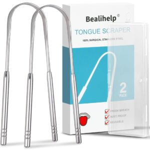 2 pack tongue scraper, 100% surgical 304 stainless steel tongue cleaner for adults and kids, professional tongue brush for oral care, improve bad breath and fresh breath