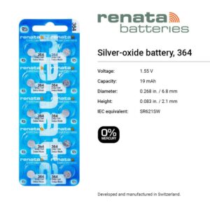 Renata 364 SR621SW Batteries - 1.55V Silver Oxide 364 Watch Battery (2 Count)