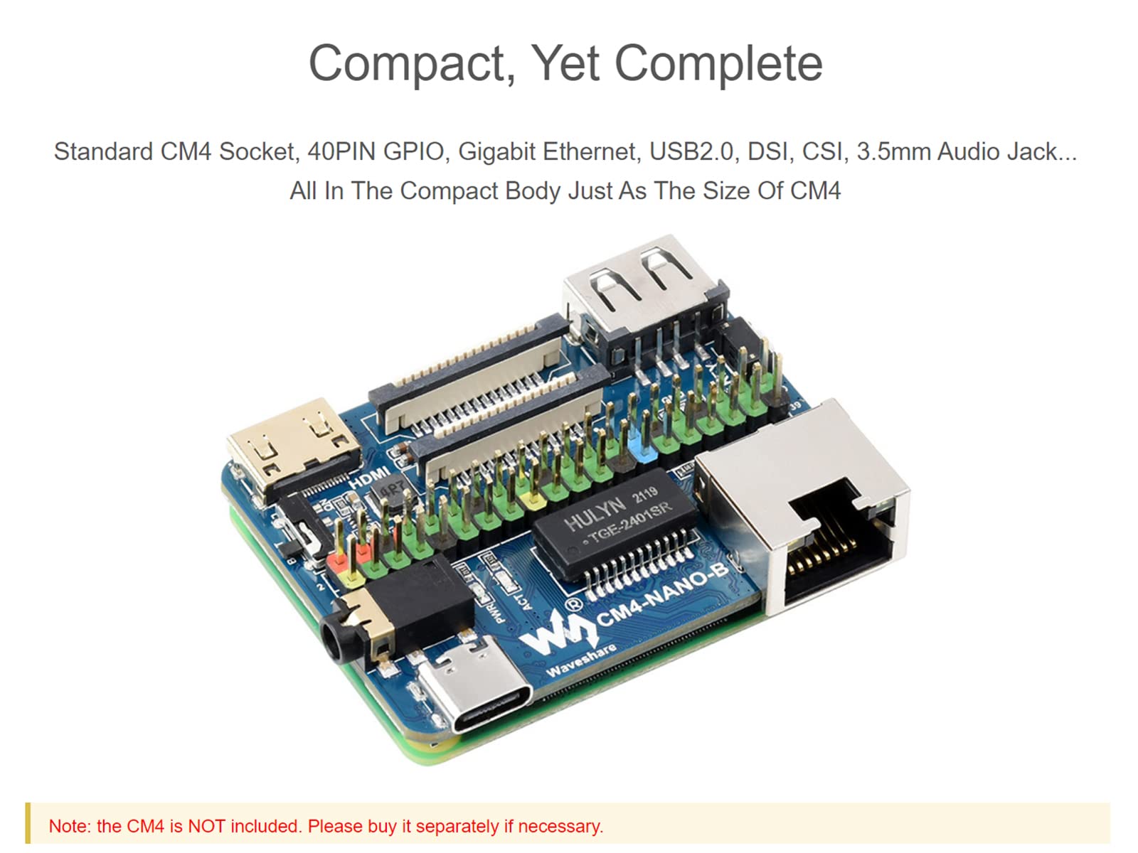 Nano Base Board (B) for Raspberry Pi Compute Module 4, Same Size as CM4, with Standard CM4 Socket, Raspberry Pi 40PIN GPIO, Gigabit Ethernet, USB2.0, DSI, CSI, HDMI, 3.5mm Audio Jack etc.