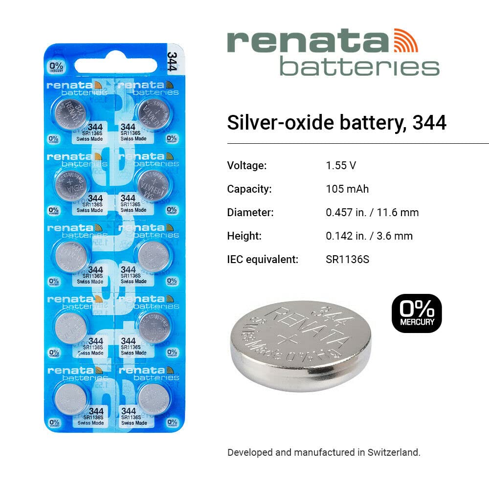 Renata 344 SR1136SW Batteries - 1.55V Silver Oxide 344 Watch Battery (10 Count)