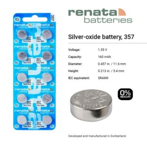 Renata 357 SR44W Batteries - 1.55V Silver Oxide 357 Watch Battery (2 Count)