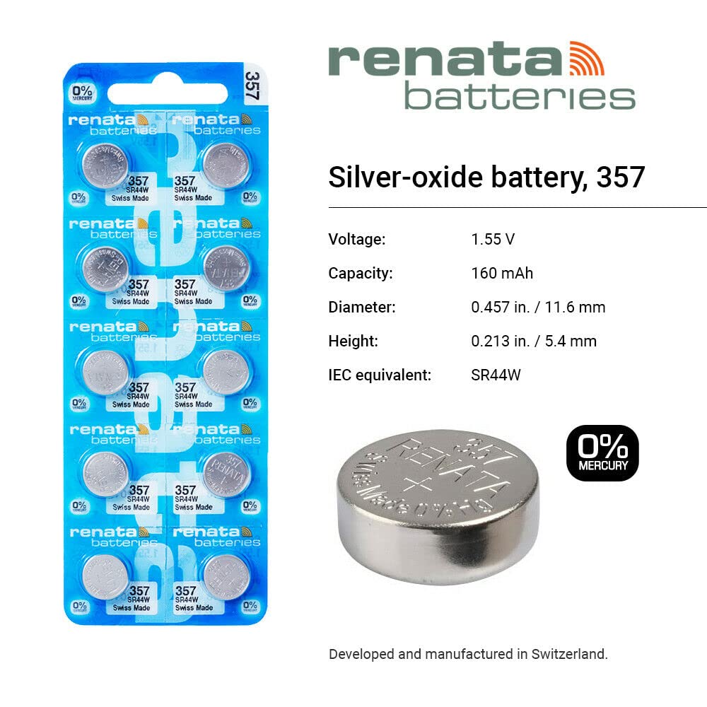 Renata 357 SR44W Batteries - 1.55V Silver Oxide 357 Watch Battery (2 Count)