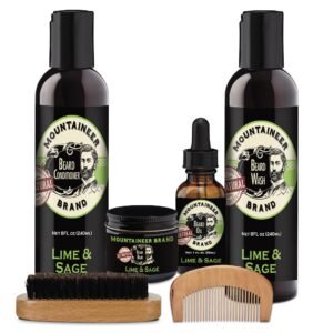 mountaineer brand starter beard bundle | beard wash, conditioner, beard balm, beard oil for men with wood comb & brush | hydrates beards for soft manageable hair | lime & sage scent