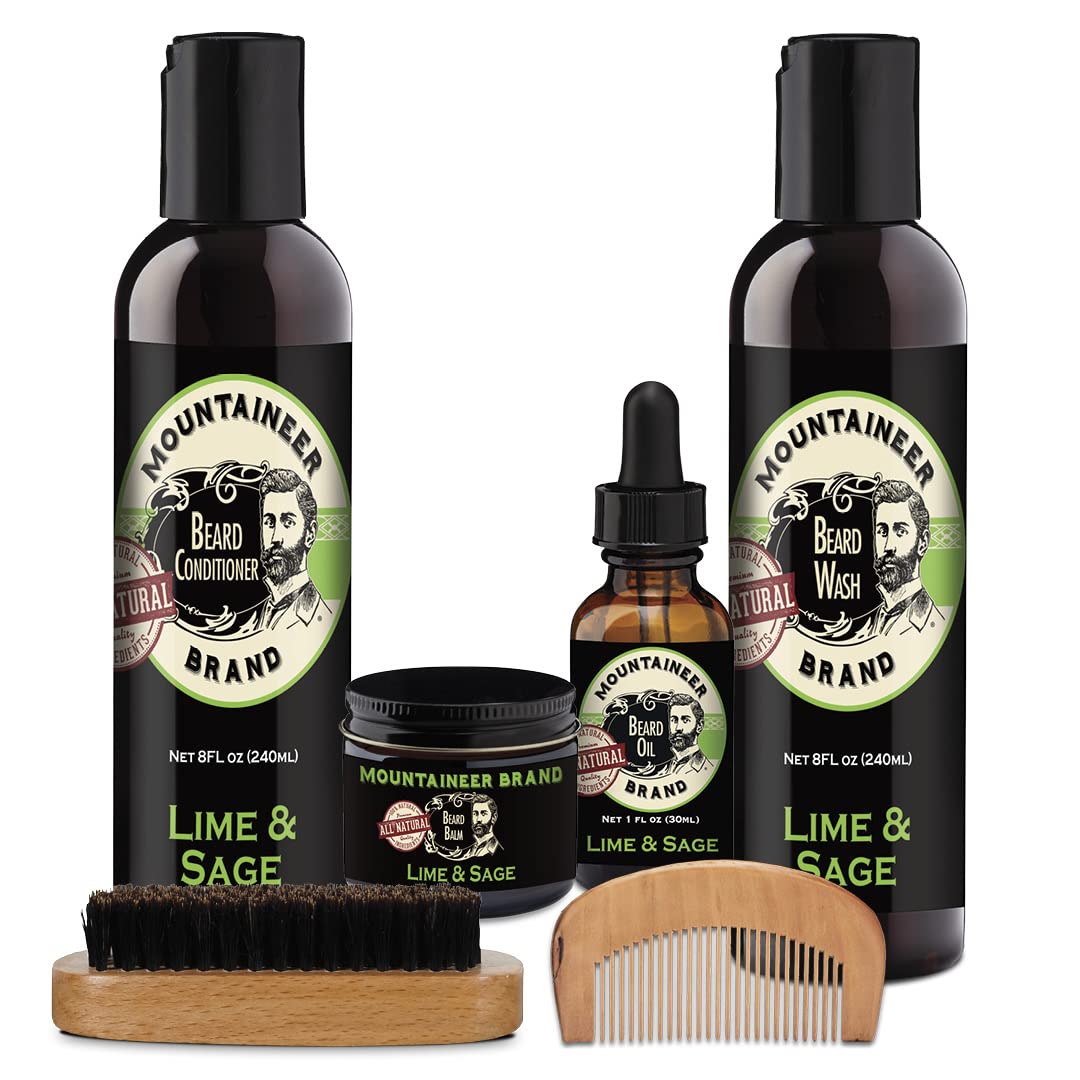 Mountaineer Brand Starter Beard Bundle | Beard Wash, Conditioner, Beard Balm, Beard Oil for Men with Wood Comb & Brush | Hydrates Beards for Soft Manageable Hair | Lime & Sage Scent