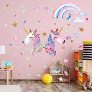 vkbuou Unicorn Rainbow Wall Decals Removable Wall Stickers for Girls Bedroom with Heart Star Cloud Rainbow Perfect Unicorn Wall Decals to Decorate Kids Room Nursery Birthday Party (3 Sheets)