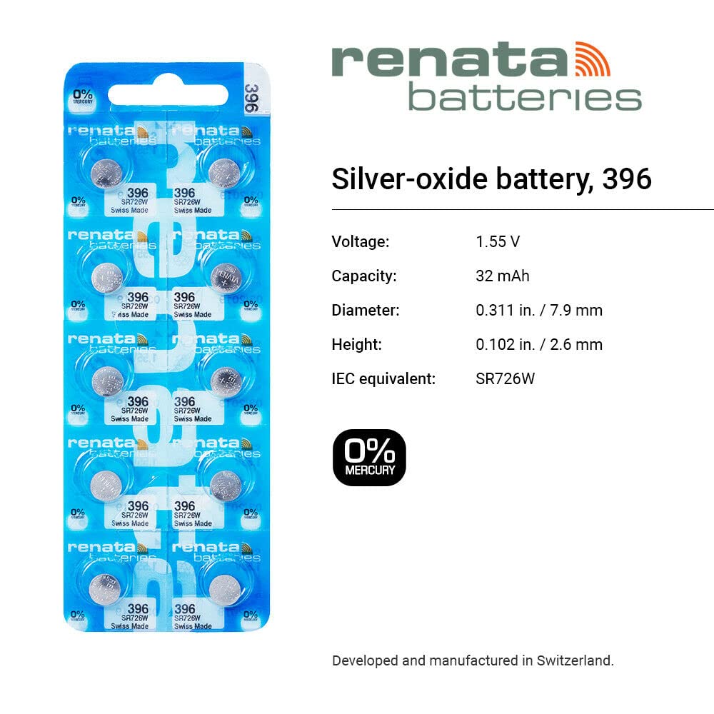 Renata 396 SR726W Batteries - 1.55V Silver Oxide 396 Watch Battery (2 Count)