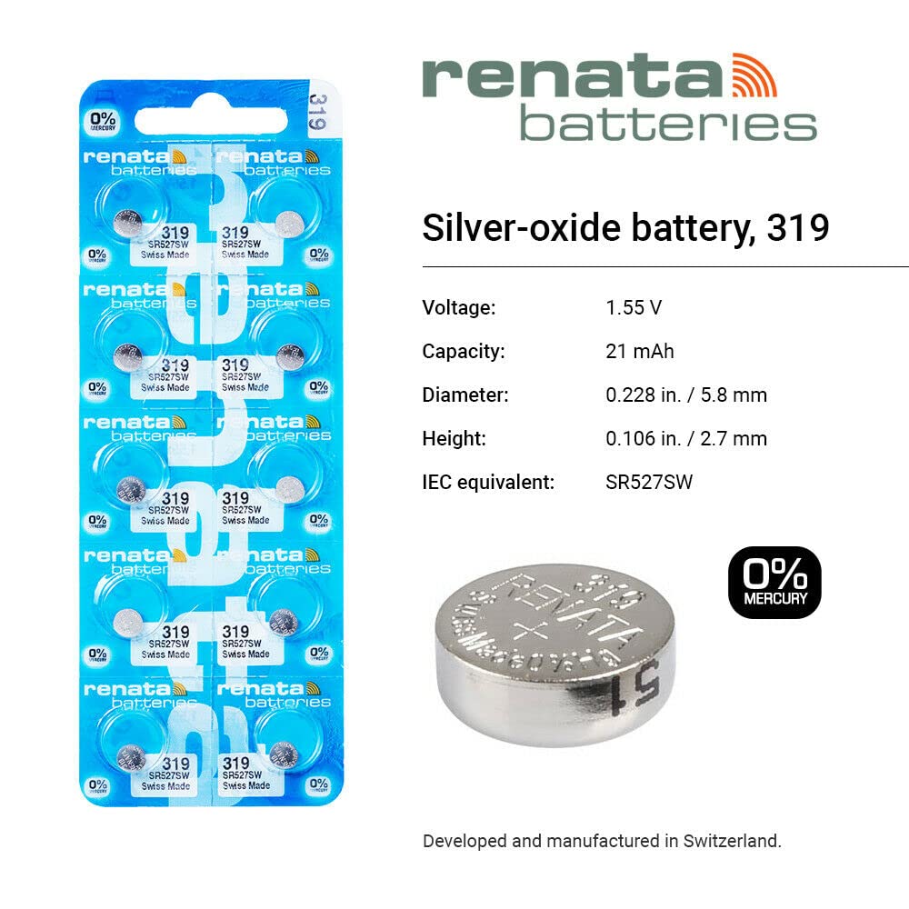 Renata 319 SR527SW Batteries - 1.55V Silver Oxide 319 Watch Battery (2 Count)