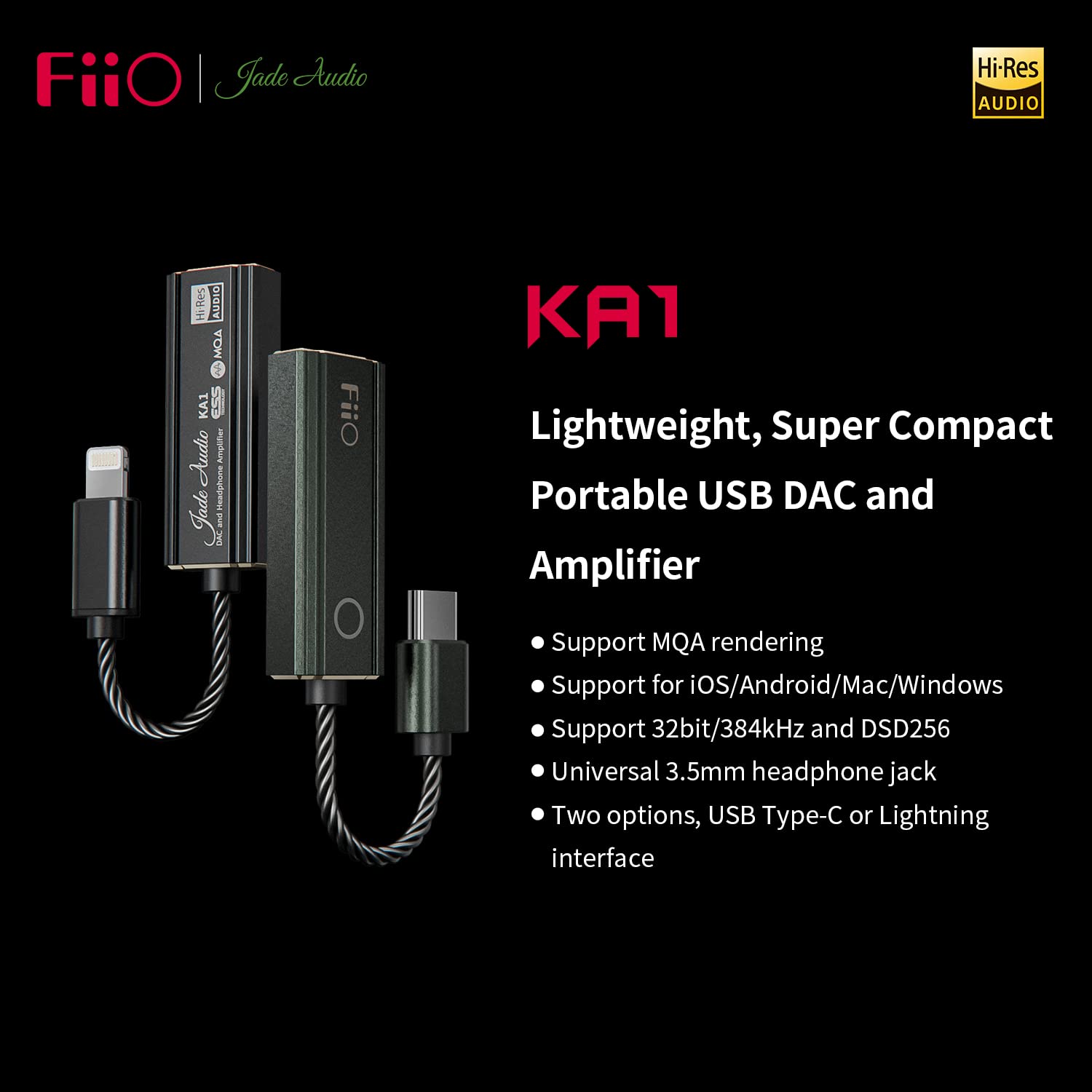 FiiO JadeAudio KA1 Headphone Amps Amplifier Tiny USB DAC High Resolution 3.5mm Lossless for Smartphones/PC/Laptops/Players(Type C, Black)