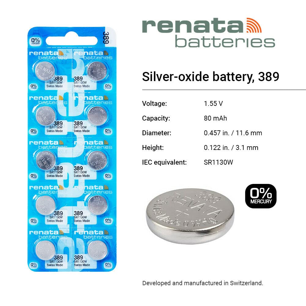 Renata 389 SR1130W Batteries - 1.55V Silver Oxide 389 Watch Battery (2 Count)