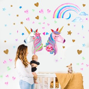 vkbuou Unicorn Rainbow Wall Decals Removable Wall Stickers for Girls Bedroom with Heart Star Cloud Rainbow Perfect Unicorn Wall Decals to Decorate Kids Room Nursery Birthday Party (3 Sheets)