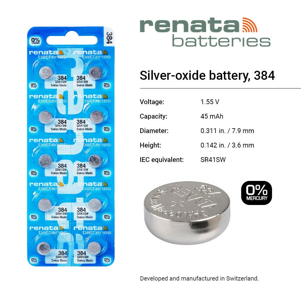 Renata 384 SR41SW Batteries - 1.55V Silver Oxide 384 Watch Battery (2 Count)