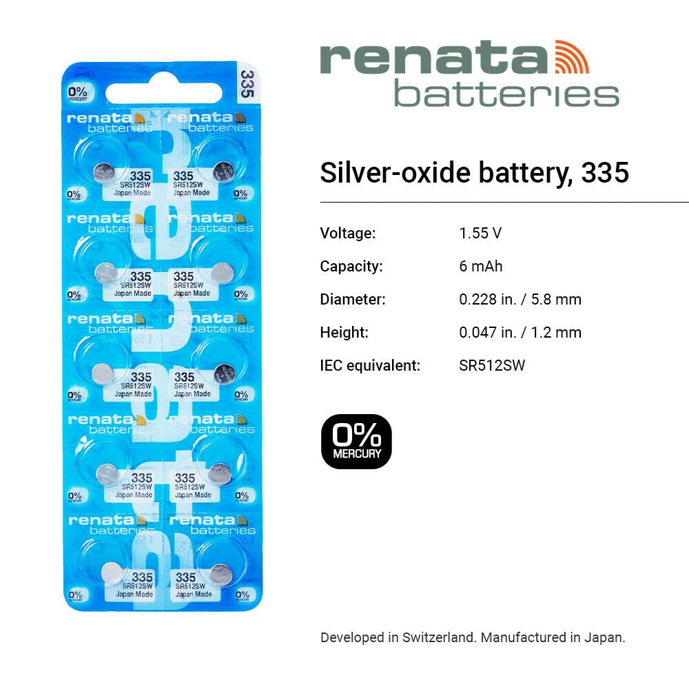 Renata 335 SR512SW Batteries - 1.55V Silver Oxide 335 Watch Battery (10 Count)