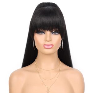 g&t yaki drawstring ponytail extension with bangs - long yaki straight clip in ponytails extension for black women synthetic hairpiece for daily party use (1b, 24 inch)