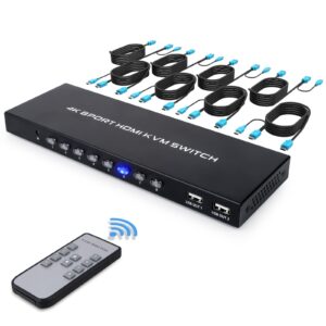 4k kvm switch 8 port, hdmi usb switch for 8 computers share 4k@30hz hd monitor and 4 usb devices, with ir remote and 8 hdmi&usb kvm cables