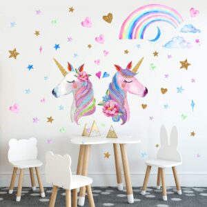 vkbuou Unicorn Rainbow Wall Decals Removable Wall Stickers for Girls Bedroom with Heart Star Cloud Rainbow Perfect Unicorn Wall Decals to Decorate Kids Room Nursery Birthday Party (3 Sheets)