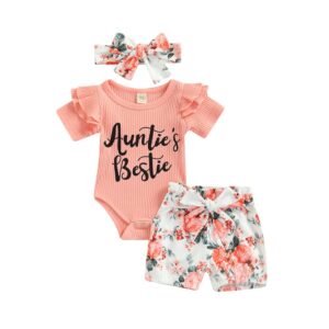 zoiuytrg newborn baby girl outfit clothes auntie's bestie rib knit onesie romper floral shorts headband 3pcs summer set (pink, 0-3m)