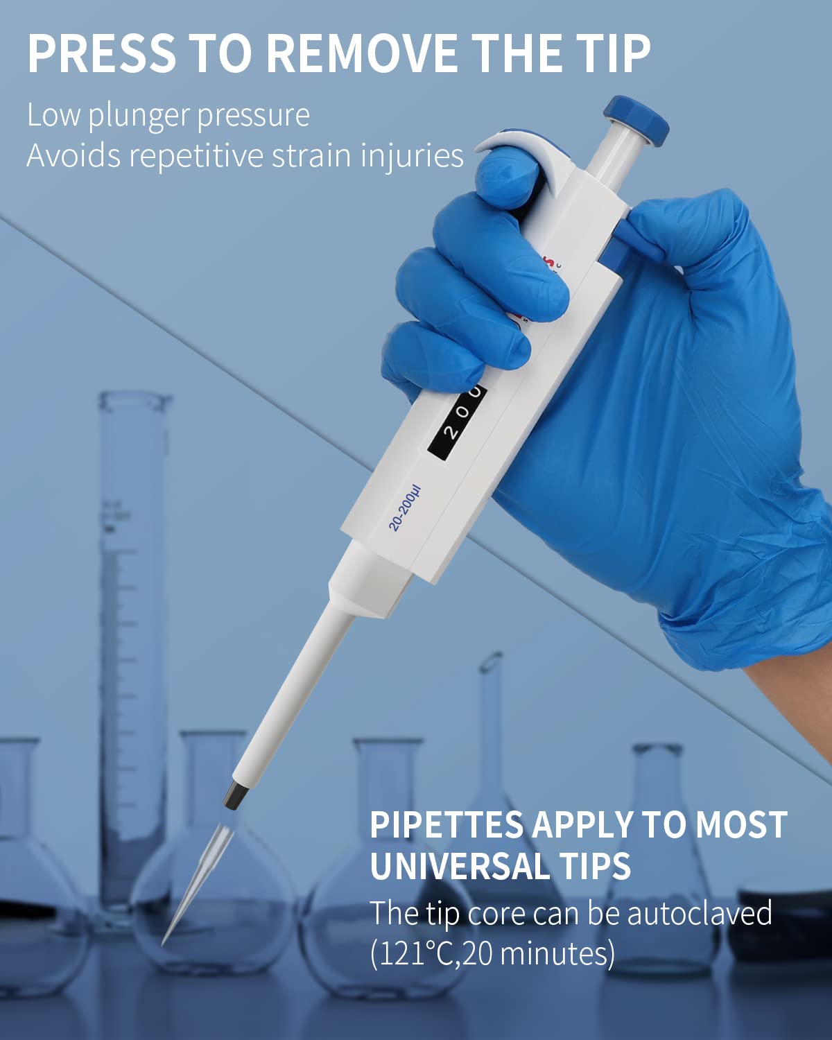 Adjustable Pipettes 20-200μl, Single Channel Pipette Lab Micropipettes Variable Volume, Four E's Scientific