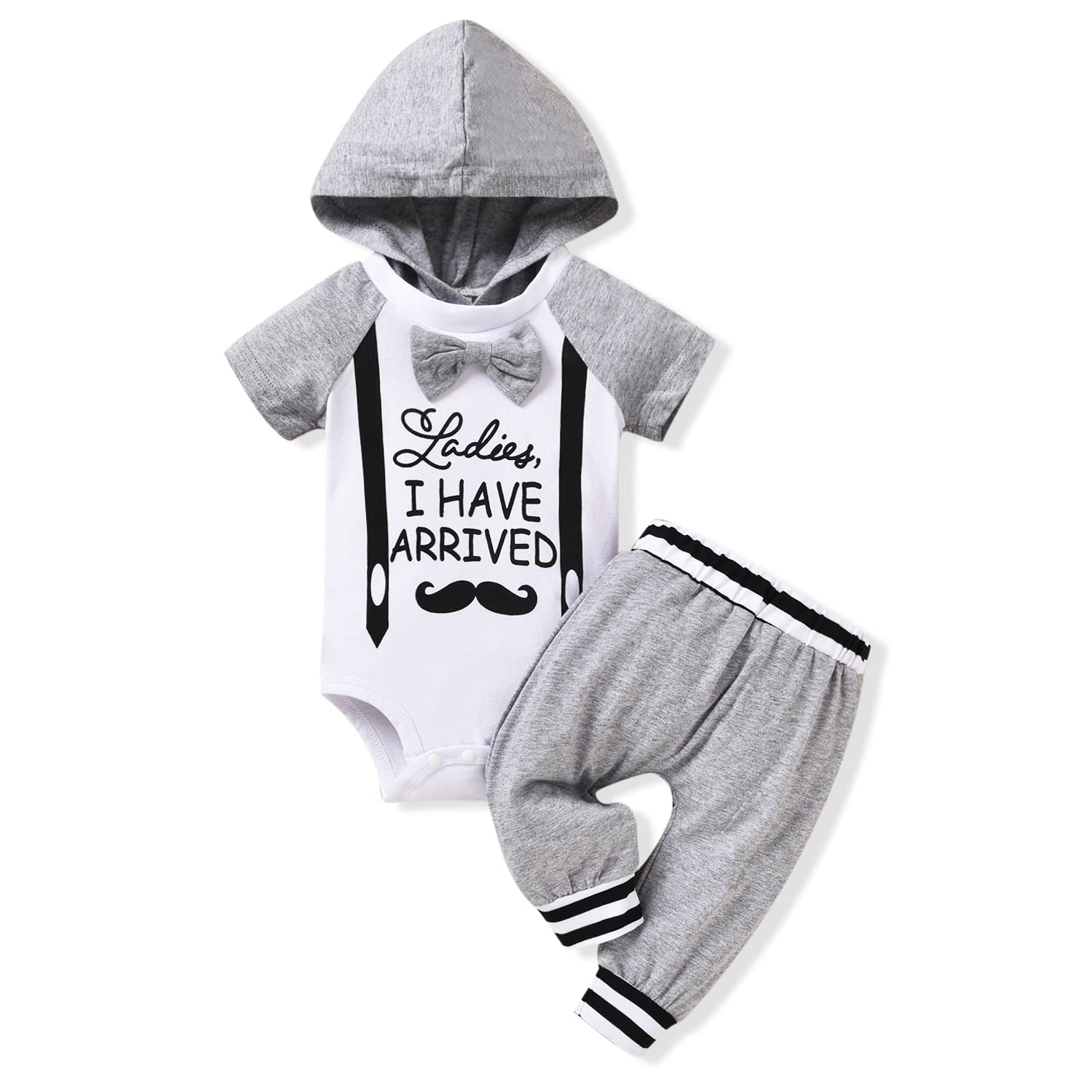 HINTINA Preemie Premature Baby Boys Spring Summer Clothes Ladies I Have Arrived Hoodie Bodysuit Pants Outfits Set Premie Gray