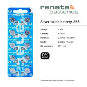 Renata 365 SR1116W Batteries - 1.55V Silver Oxide 365 Watch Battery (2 Count)