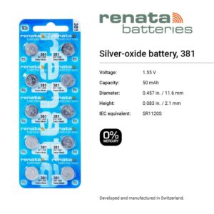 Renata 381 SR1120SW Batteries - 1.55V Silver Oxide 381 Watch Battery (2 Count)