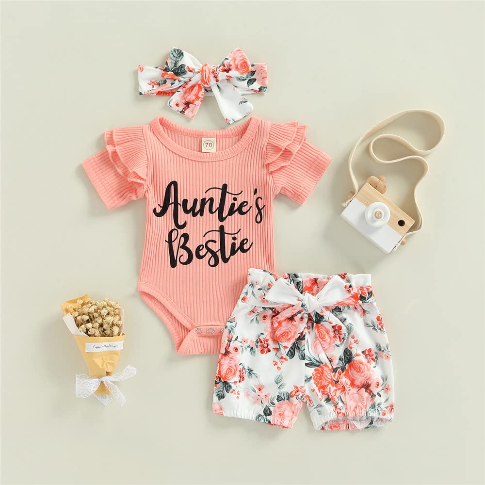 Zoiuytrg Newborn Baby Girl Outfit Clothes Auntie's Bestie Rib Knit Onesie Romper Floral Shorts Headband 3pcs Summer Set (Pink, 0-3M)