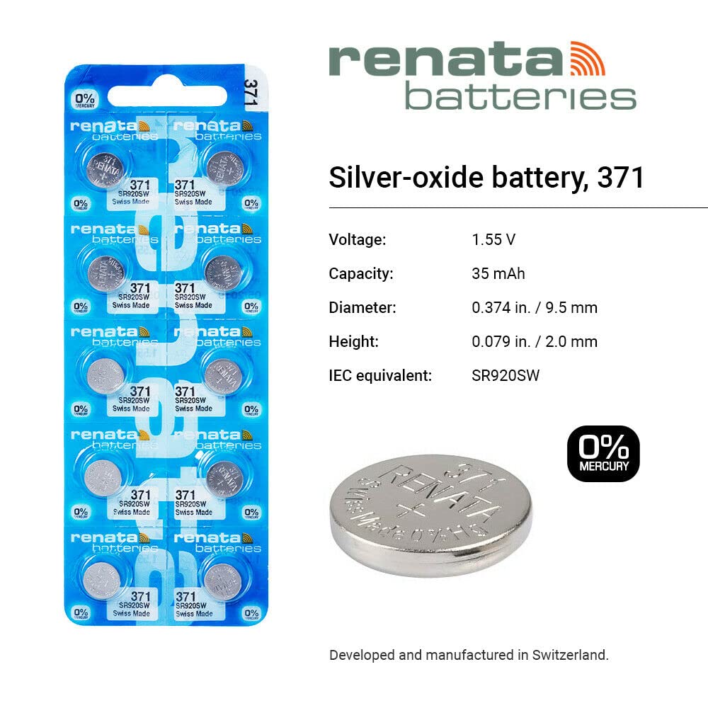 Renata 371 SR920SW Batteries - 1.55V Silver Oxide 371 Watch Battery (10 Count)