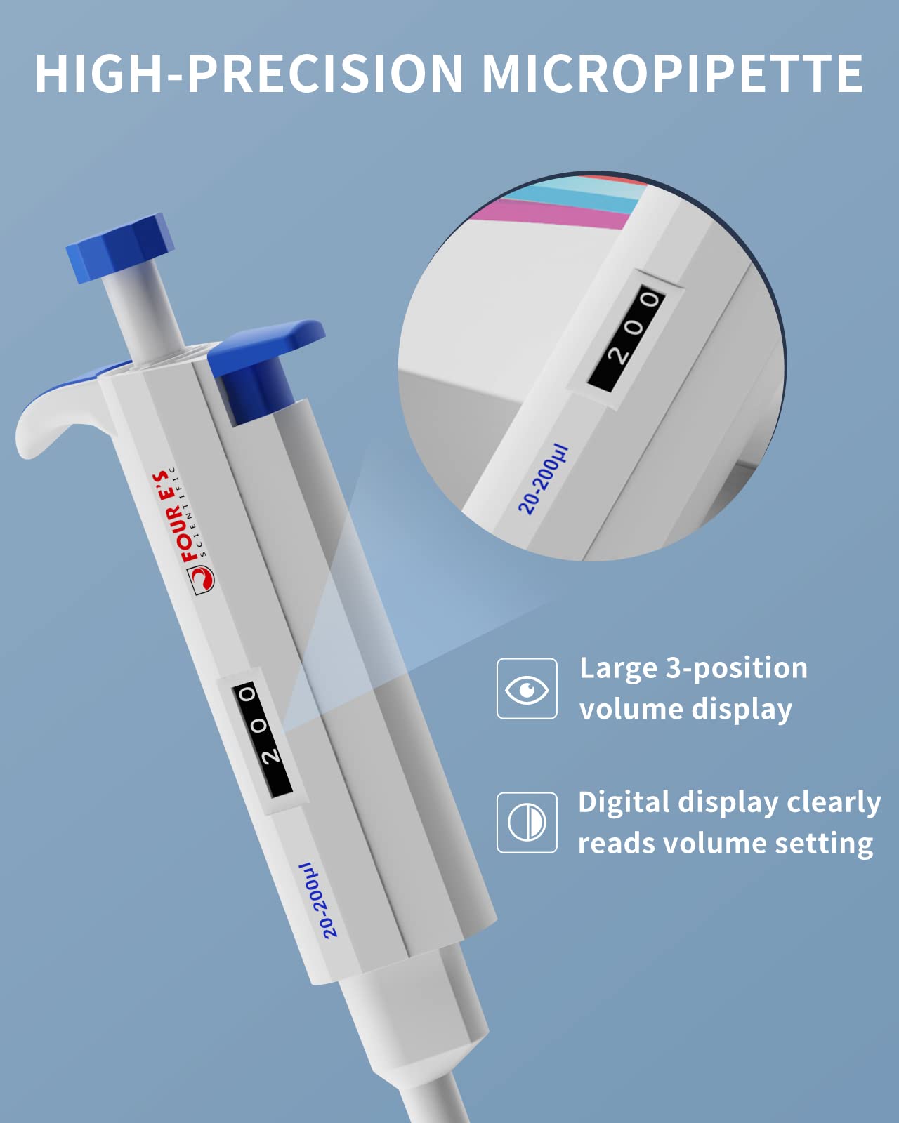 Adjustable Pipettes 20-200μl, Single Channel Pipette Lab Micropipettes Variable Volume, Four E's Scientific