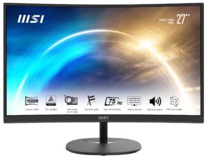 msi pro mp271c, 27", 1920 x 1080 (fhd), curved va, 75hz, freesync, tuv certified eyesight protection, 1ms, hdmi, tilt