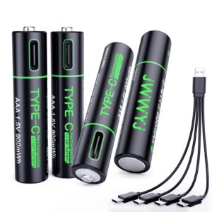 jwwyj lithium rechargeable batteries - 4pack smart rechargeable aaa batteries, lithium ion 1.5v 900mwh, 600 mah, type c battery charging cable, led charge indicator