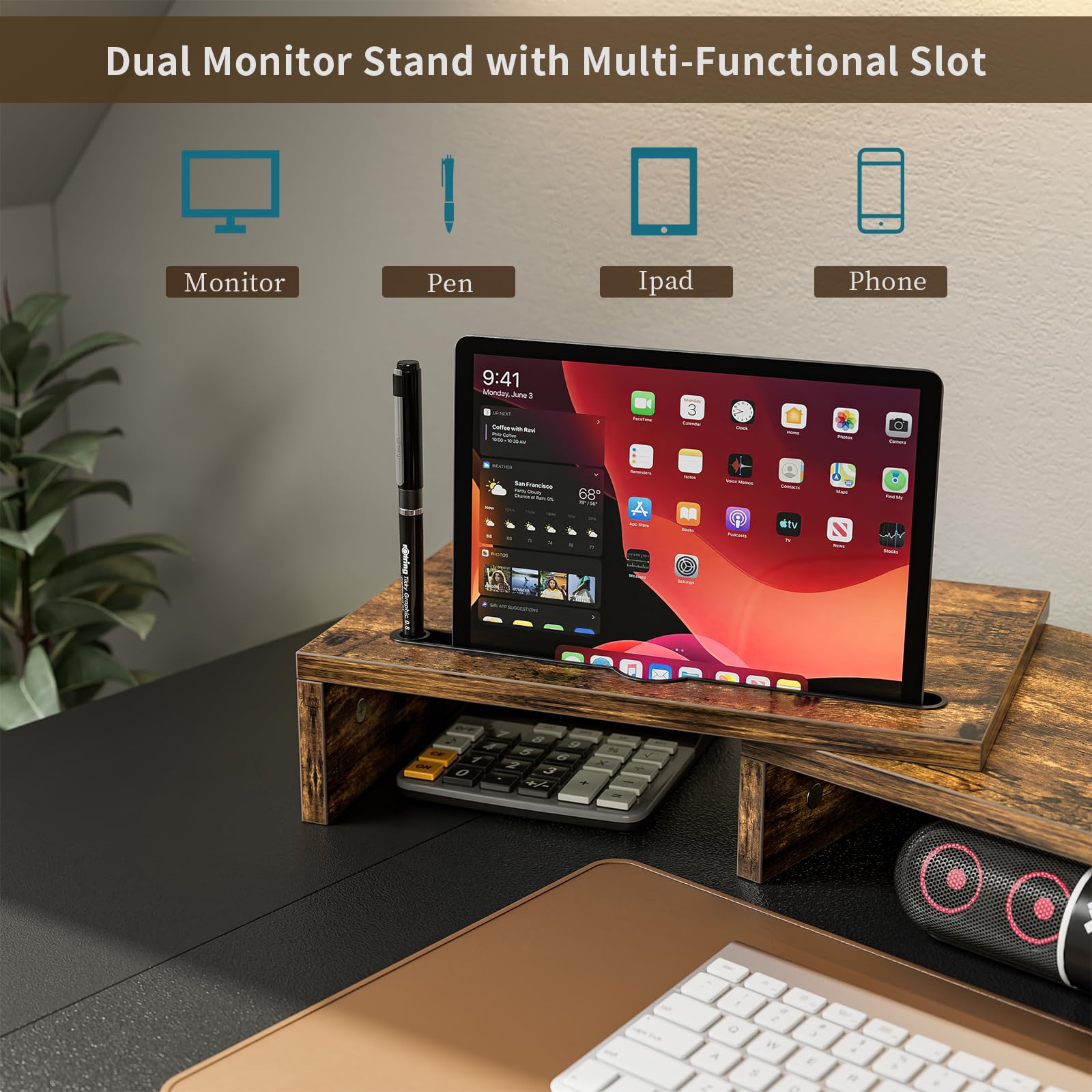 XBurmo Monitor Stand Riser, Dual Monitor Stand with slots for TV/PC/Laptop, Wood Computer Monitor Stand with adjustable Length and Angle, Rustic Brown