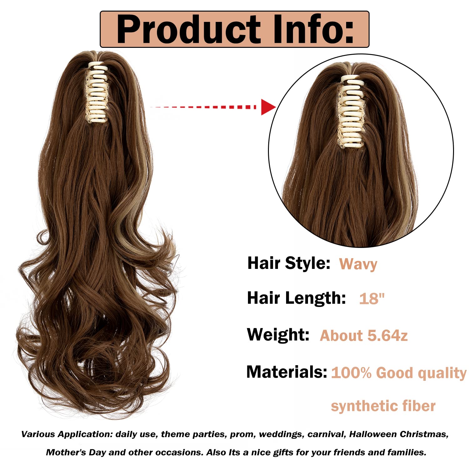 Mitrygreen Claw Clip Ponytail Extension 18" Clip in Wavy Ponytail Hair Extensions Long Pony Tails for Women Extensions Ash Blonde Mix Light Brown Wave Hairpiece