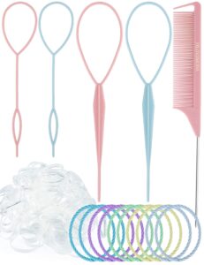 filovemoda hair styling kit: tail braiding tool, 4 french braid loops, 100 clear mini elastics, 10 elastic hair ties