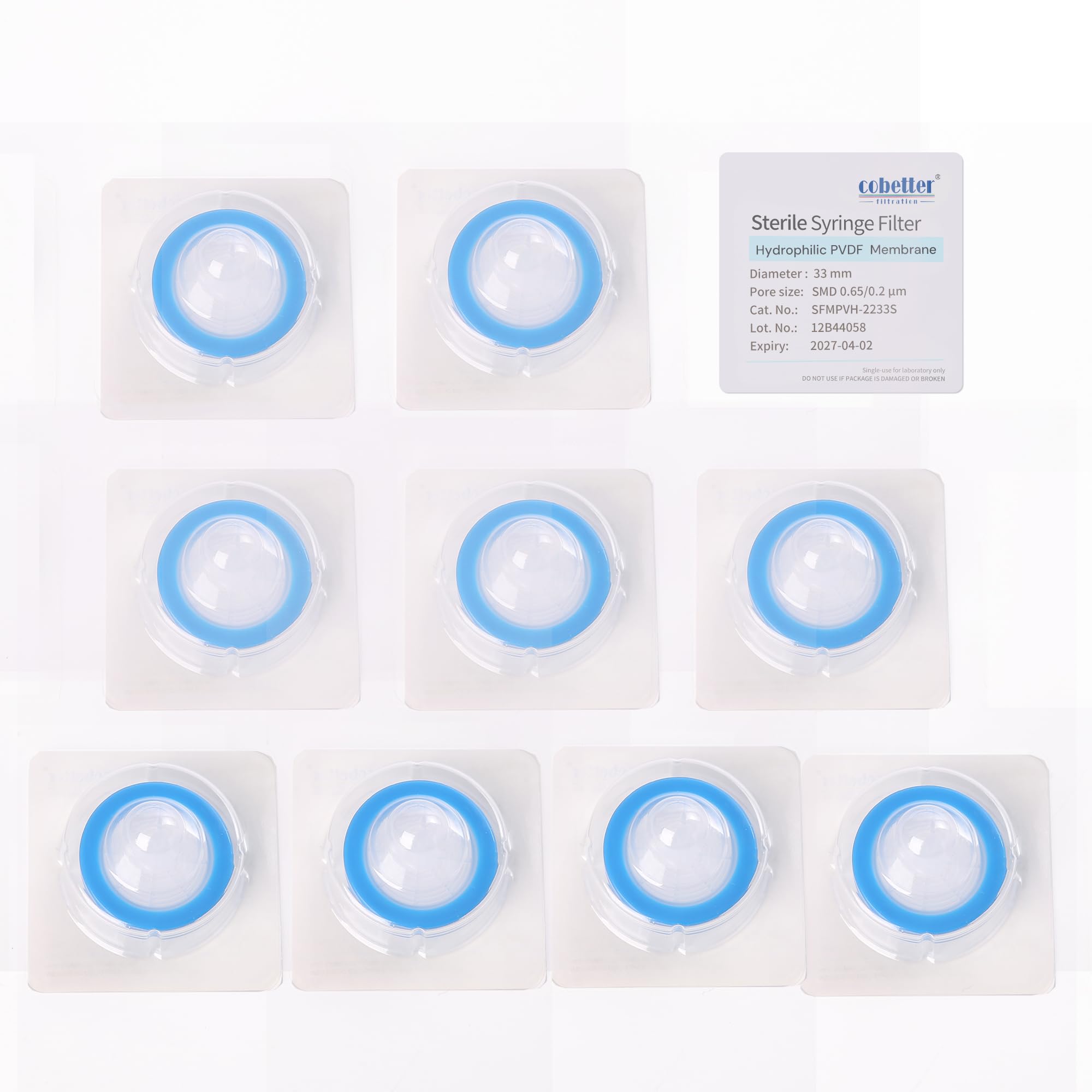 COBETTER 10 pcs/PK Sterile Syringe Filter Double-Layer Hydrophilic PVDF Membrane 0.2μm Lab Filters 33mm Diameter Individually Packed, Blue