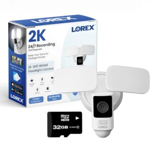 lorex 2k wi-fi floodlight camera with adjustable leds, smart motion detection, 2-way talk, color night vision, white