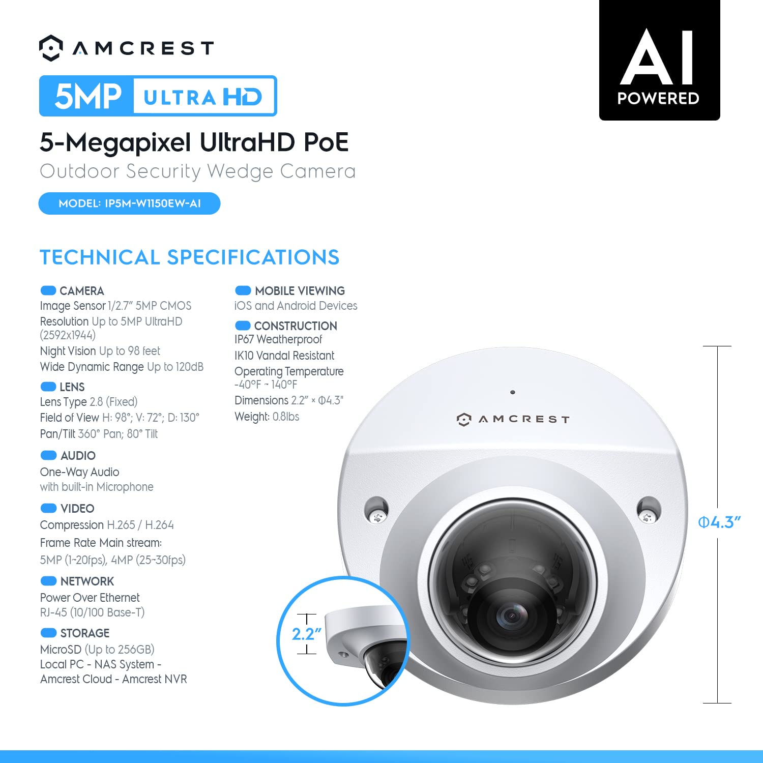 Amcrest 5-Megapixel Wedge IP PoE AI Camera, Security IP Camera Outdoor, Built-in Microphone, Human & Vehicle Detection, Perimeter Protection, 98ft Night Vision, 130° FOV, 5MP@20fps IP5M-W1150EW-AI