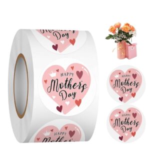 happy mother's day label stickers roll，1.5 inch 500 pcs love heart mothers day stickers, gift tag stickers for envelope seals party gift favors box cards decorations