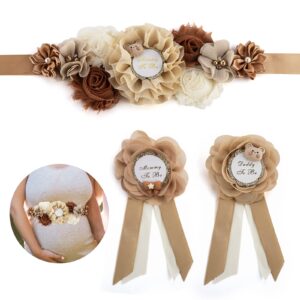 quacoment mommy to be sash, maternity sash baby shower decorations 3pcs teddy baby shower decorations for girl - mom to be sash shower for boy, baby shower decorations favors brown photo props gift