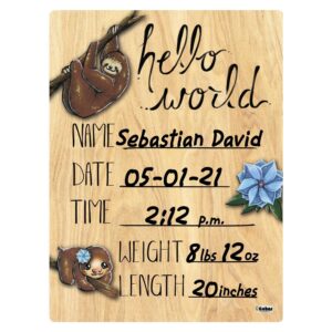 Cohas Hello World Newborn Baby Announcement Printed Wood Sign with Blue Sloth Theme, 5 by 7 Inches, Black Marker