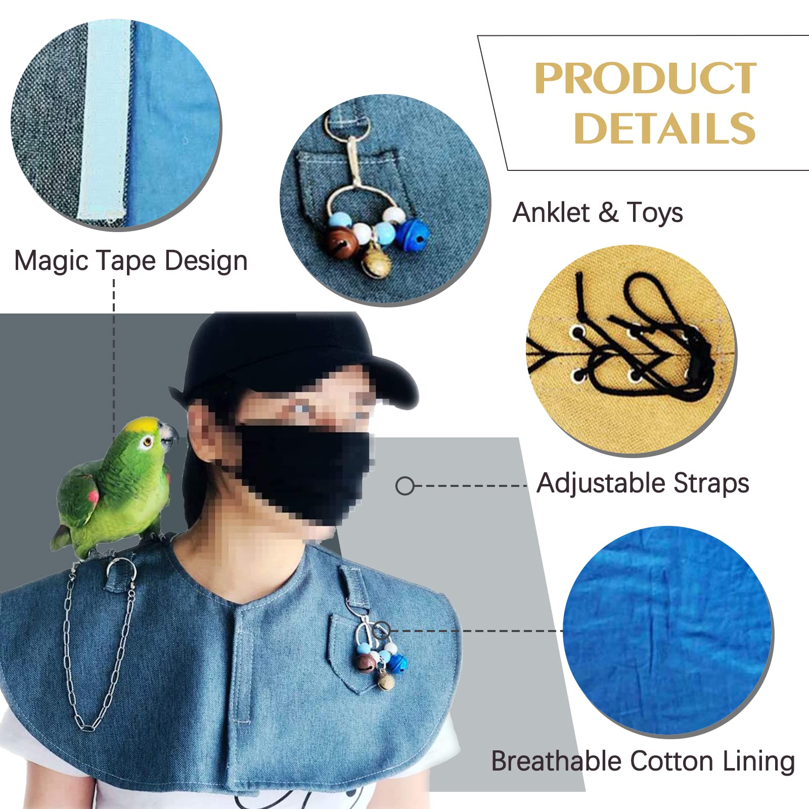 Bonaweite Pet Bird Shoulder Poop Protector, Anti-Bite Shoulder Pad Diaper Shawl for Parrot, Protective Anti-Scratch Arm Guard for Macaw African Budgies Parakeet Agapornis Fischeri Cockatiel Lovebird