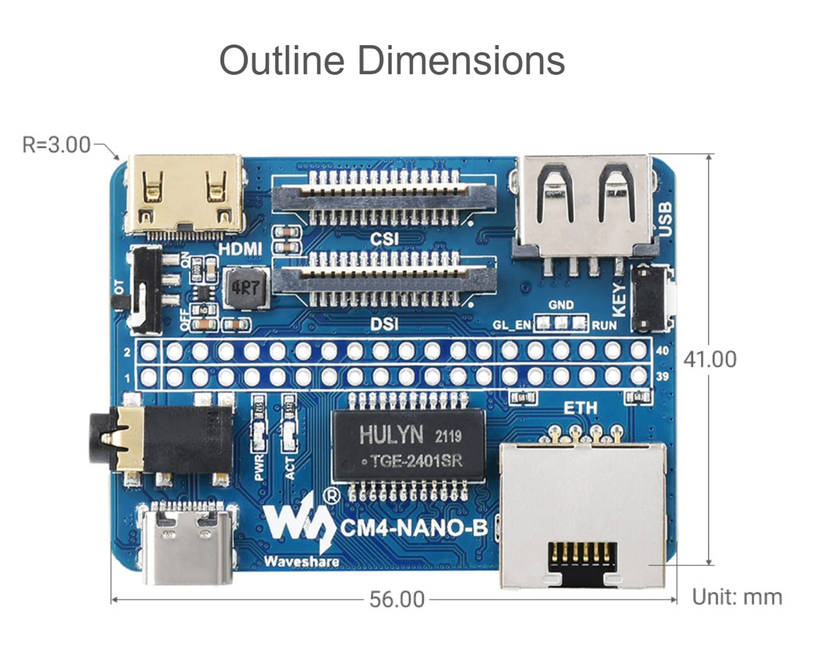 Nano Base Board (B) for Raspberry Pi Compute Module 4, Same Size as CM4, with Standard CM4 Socket, Raspberry Pi 40PIN GPIO, Gigabit Ethernet, USB2.0, DSI, CSI, HDMI, 3.5mm Audio Jack etc.