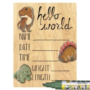 cohas hello world newborn baby announcement printed wood sign with dinosaur theme, 5 by 7 inches, green marker