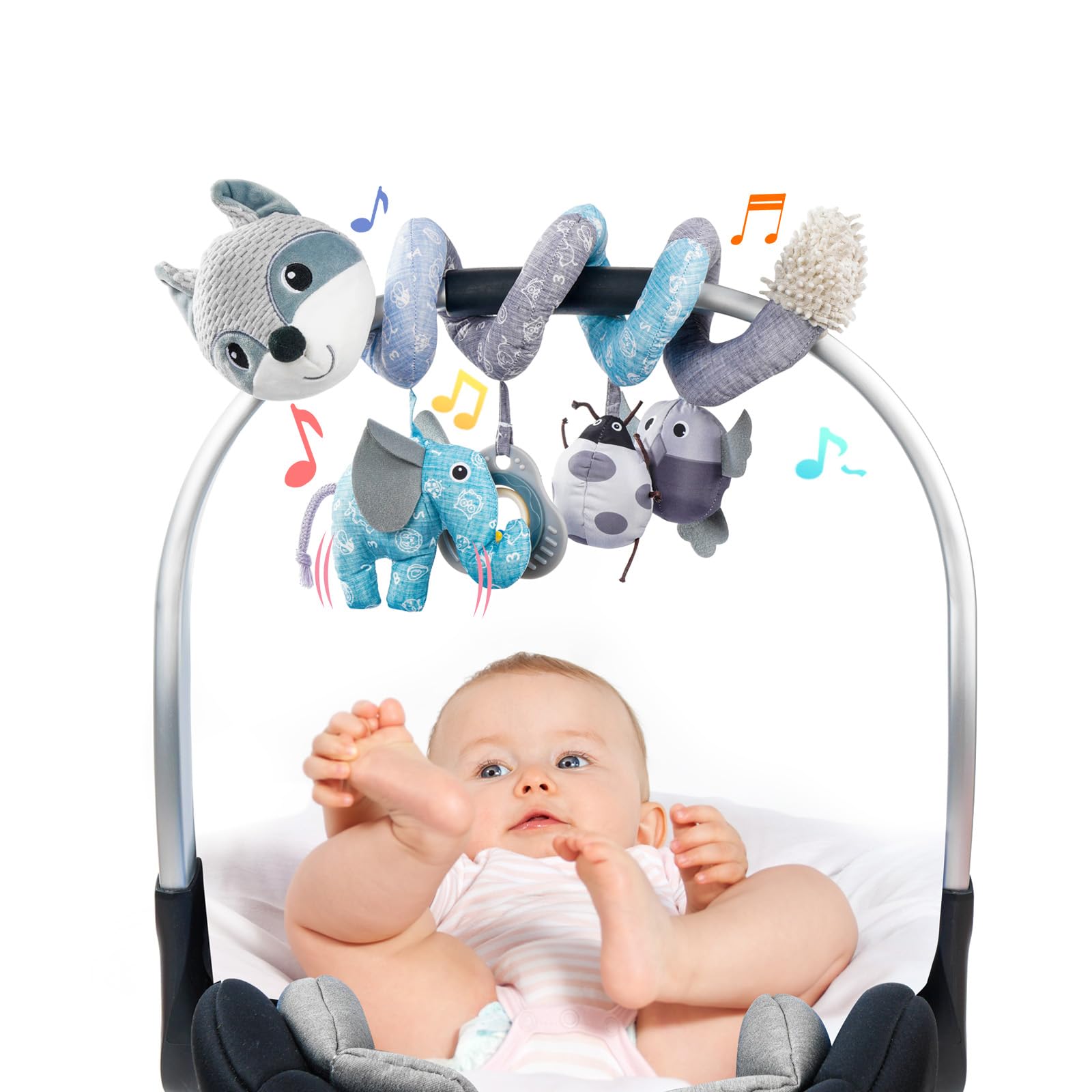 Jollybaby Baby Car Seat Stroller Toys, Plush Activity Hanging Spiral Activity Pram Crib with Music Box, Rattles, Squeaker for Babies Infant Boys Girls(Grey Fox)