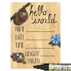 cohas hello world newborn baby announcement printed wood sign with blue sloth theme, 5 by 7 inches, black marker