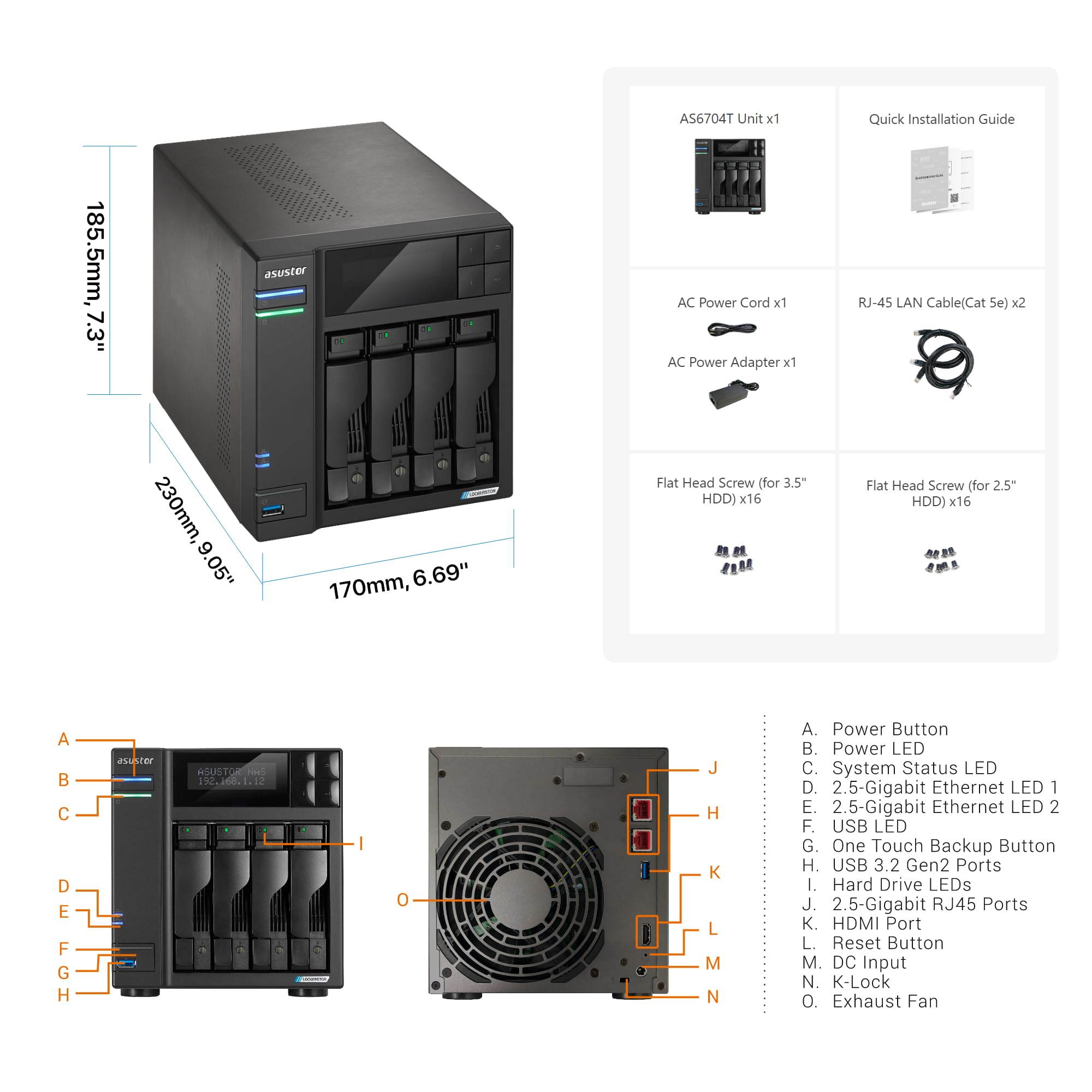 Asustor Lockerstor 4 Gen2 - AS6704T | 4-Bay NAS, Quad-Core 2.0GHz Processor, 4 M.2 NVMe Slots (PCIe 3.0), Dual 2.5GbE, Expandable to 10GbE, 4GB DDR4 RAM, (No Drive)