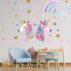 vkbuou Unicorn Rainbow Wall Decals Removable Wall Stickers for Girls Bedroom with Heart Star Cloud Rainbow Perfect Unicorn Wall Decals to Decorate Kids Room Nursery Birthday Party (3 Sheets)