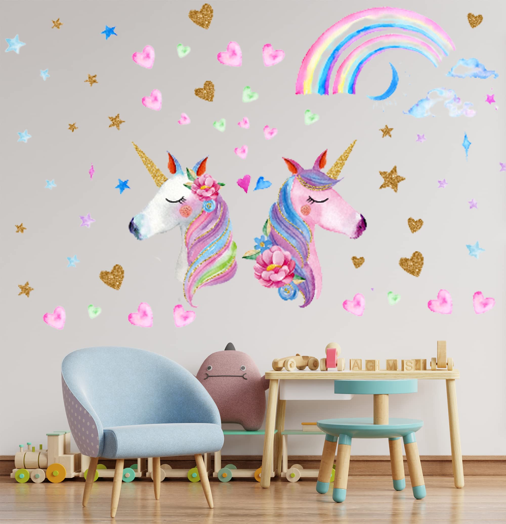 vkbuou Unicorn Rainbow Wall Decals Removable Wall Stickers for Girls Bedroom with Heart Star Cloud Rainbow Perfect Unicorn Wall Decals to Decorate Kids Room Nursery Birthday Party (3 Sheets)